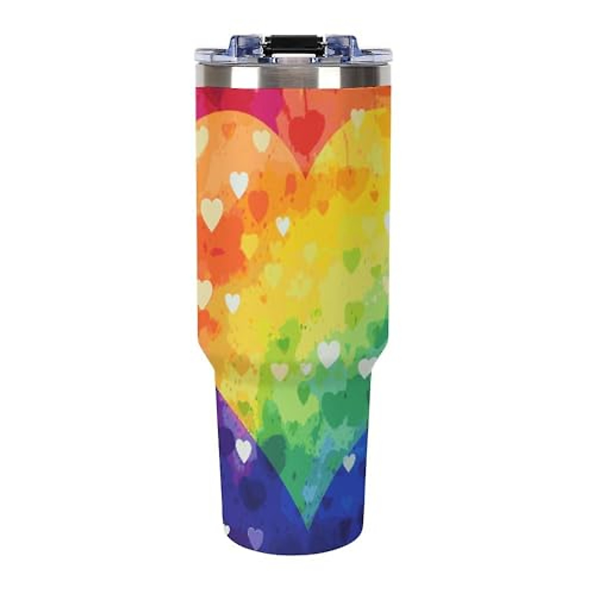LLUTSNTH 40 Oz Vacuum Tumbler with Black Handle Leakproof Insulated Tumbler Colorful Rainbow Love Heart Stainless Steel Travel Mug with Lid And Straw Coffee Cup Cute Water Bottles Cup Holder Friendly