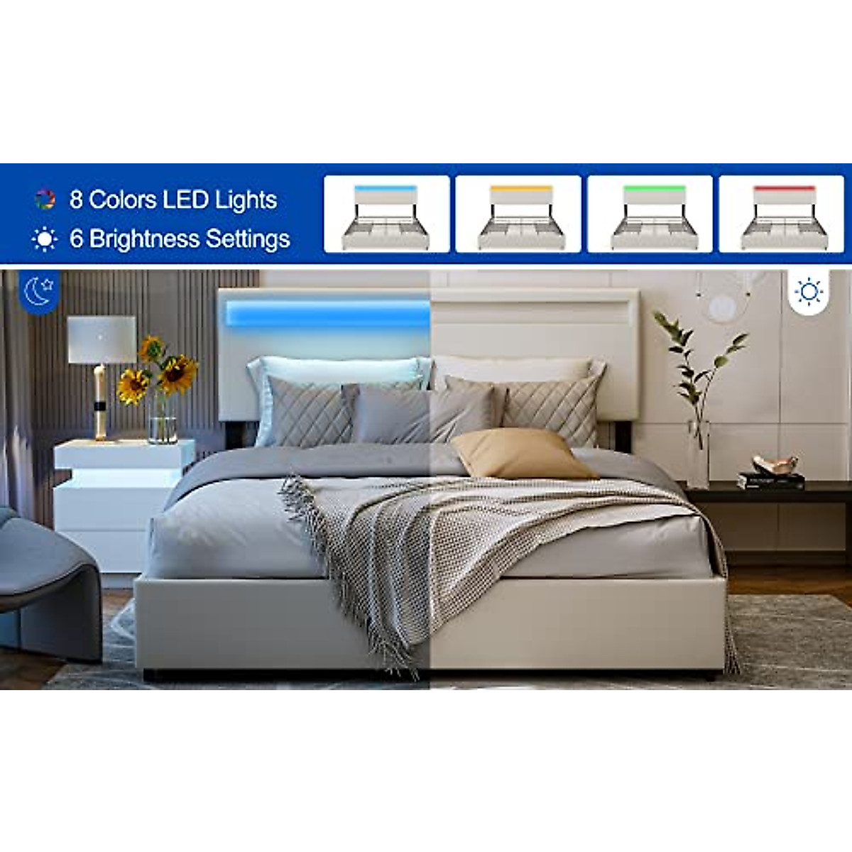 IKIFLY LED Bed Frame with 4 Storage Drawers, Upholstered Queen Size Storage Bed with Adjustable Headboard & LED Lights, Mattress Foundation, No Box Spring Needed, Easy Assembly - White/Queen