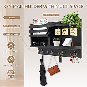 Key Holder Wall Mount, Solid Wood Key and Mail Organizer for Wall(Self Adhesive or Drill), 8 Hooks Key Rack for Entryway Hallway Bedroom Farmhouse Home Decor (Matte Black)