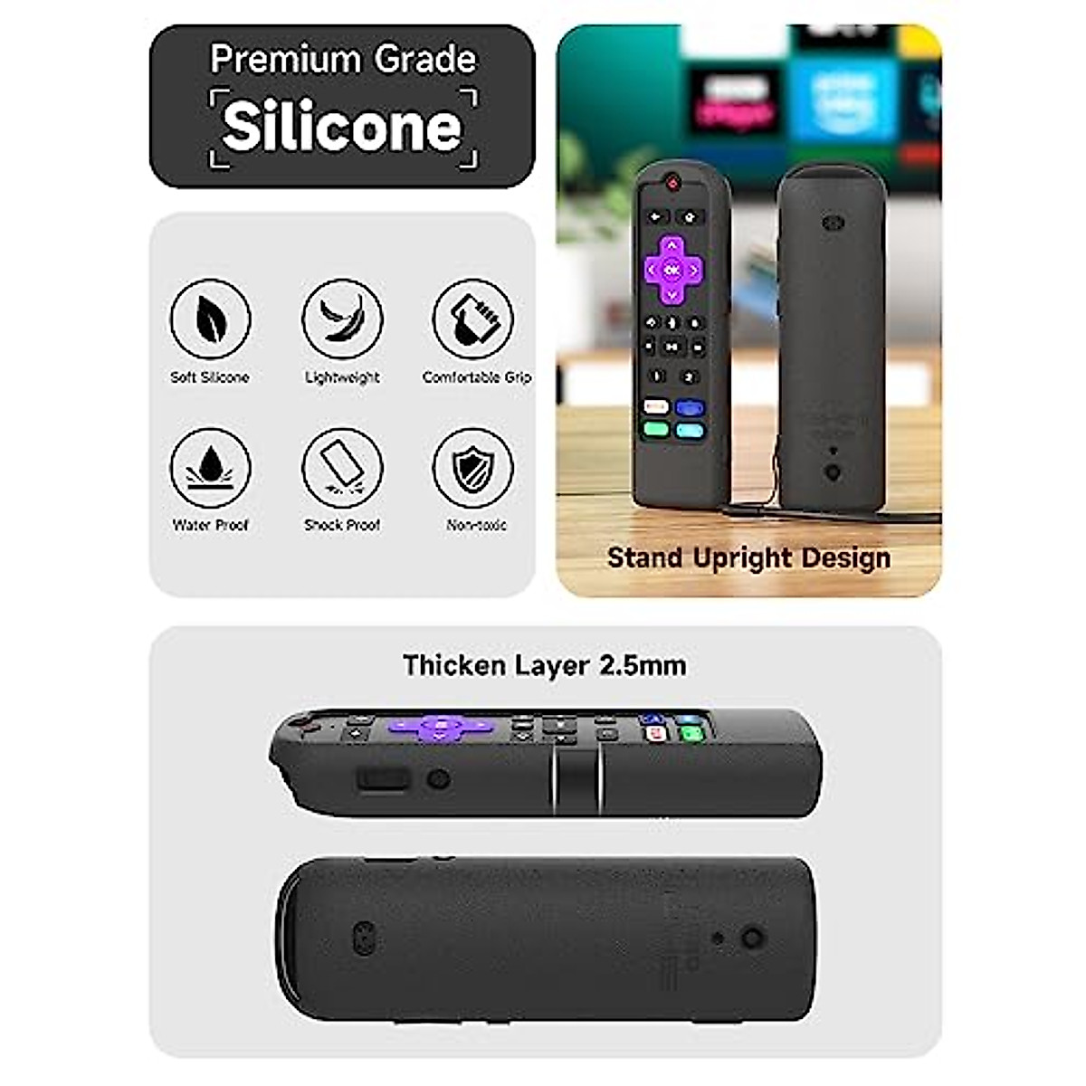 Silicone Remote Case for Roku Voice Remote Pro/RCS01R Universal Shockproof Protective Cover for Roku Ultra(2022/2021/2020/2019) Sleeve Skin with Lanyard for Roku Streaming Stick 4K+ Remote(Black)