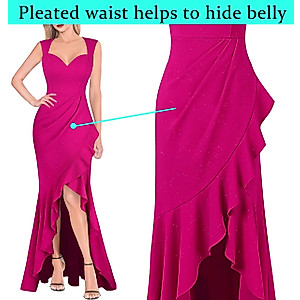 VFSHOW Womens Sexy Ruffle V Neck Ruched Formal Wedding Guest Prom Maxi Dress 2023 Sweetheart Evening Keyhole Back Slit Sparkly Glitter HI-LO Long Cocktail Gown (Hot Pink, Small) 0105 HPIK S