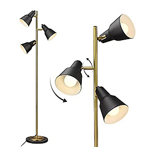 ELYONA Gold Tree Floor Lamp with 3 Adjustable Rotating Lights, Industrial Tall Pole Metal Standing Lights with 3 LED Bulbs for Living Room,Bedroom,Farmhouse,Office,Hotel, Vintage Brushed Brass & Black