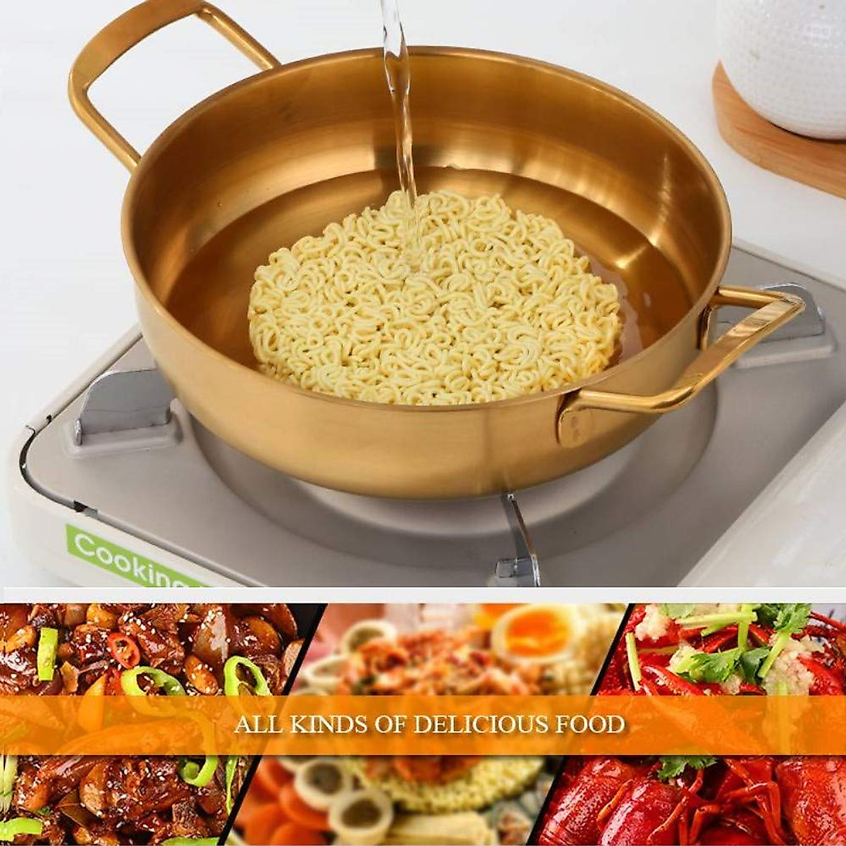 10in Stainless Steel Everyday Pan Color Me Korean Noodle Ramen Pot Small Stockpots Pasta Pots Stir Fry Pan Omelet Paella Pans Small Pots for Home and Outdoor, Dishwasher Safe, Eco Friendly(1pcs)(Gold)