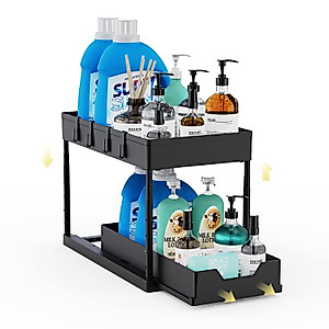 Yannimart Height Adjustable Under Sink Organizers and Storage for Bathroom and Kitchen Cabinet 2 Tier Under Sink Organizer with One Sliding as Home Kitchen Organization and Kitchen Must Haves