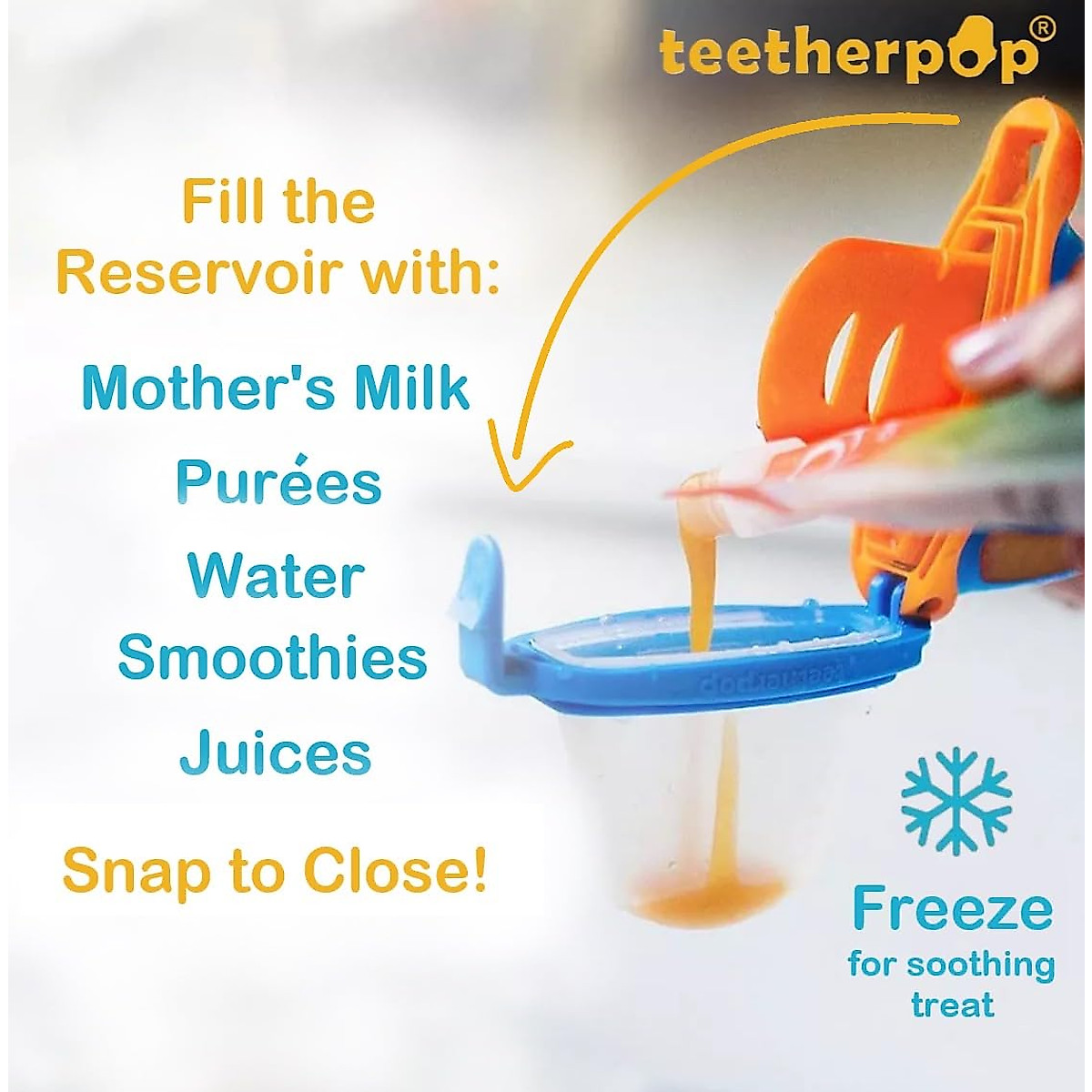 Teetherpop Fillable Silicone Teether for Babies – Cooling Teething Relief - Breastmilk Popsicle Molds for Teething with Spill-Proof Sippy Slits – Pureed Baby Fruit Feeder (BlueOrange)