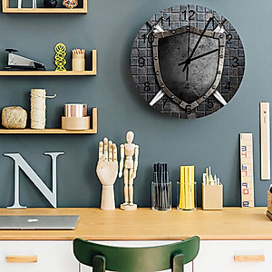 12 Inch Silent Round Wooden Wall Clock Medieval Knight Shield Wall Clock, Non Ticking Battery Operated Quartz Home Decor Wall Clocks for Living Room/Kitchen/Office