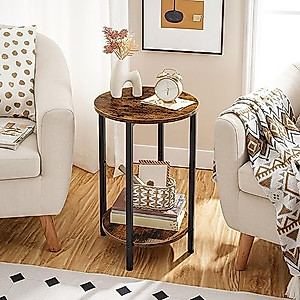 HOOBRO Round Side Table, Sofa Couch Table with Storage Shelf, 2-Tier Industrial End Table, Stable Metal Frame, Wooden Look Accent Table for Small Spaces, Living Room, Bedroom, Rustic Brown BF58BZ01G1