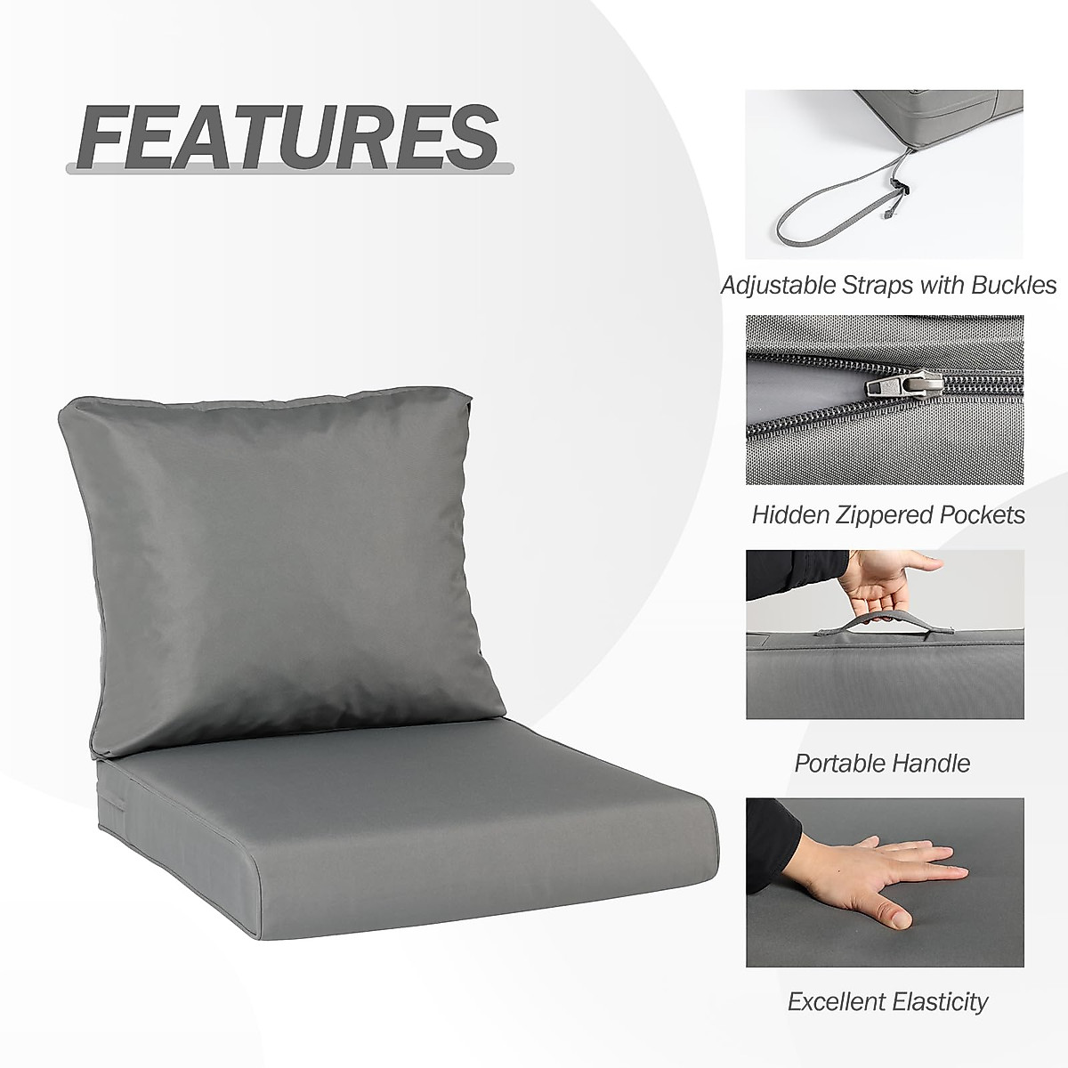 BPS Outdoor Chair Cushions Water Resistant Outdoor Deep Seat Cushions with Handle and Adjustable Straps, 24"x24", Gray, Set of 2