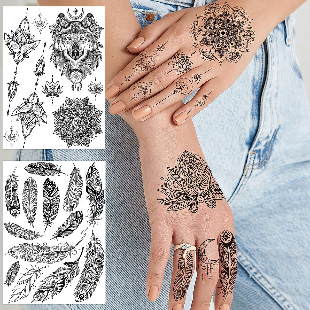 COKTAK 6 Pieces/Lot Unique Black Henna Temporary Tattoo Stickers For Adults Women Girls Feather Mandala Flower Body Art Large Big Arm Tattoos Sheet Lace Indian Mehndi Sexy Wedding Tatoos OWL