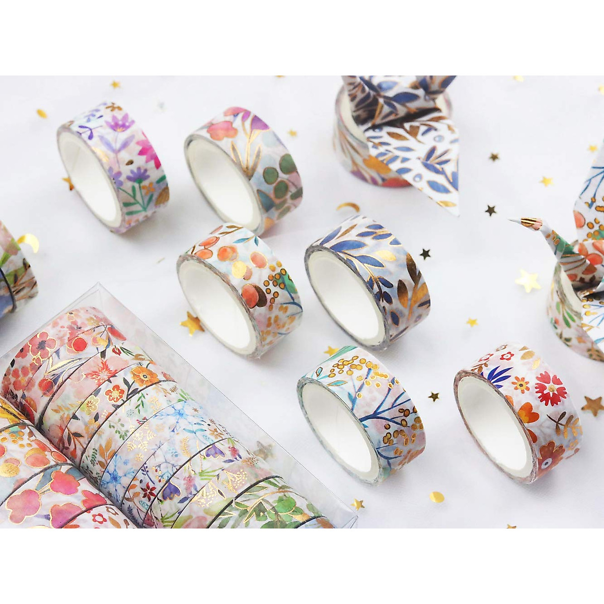 YUBBAEX Floral Gold Washi Tape Set VSCO Foil Masking Tape Decorative for Arts, DIY Crafts, Journal Supplies, Planners, Scrapbook, Card/Gift Wrapping -8/15mm- (Blooming 18 Rolls)