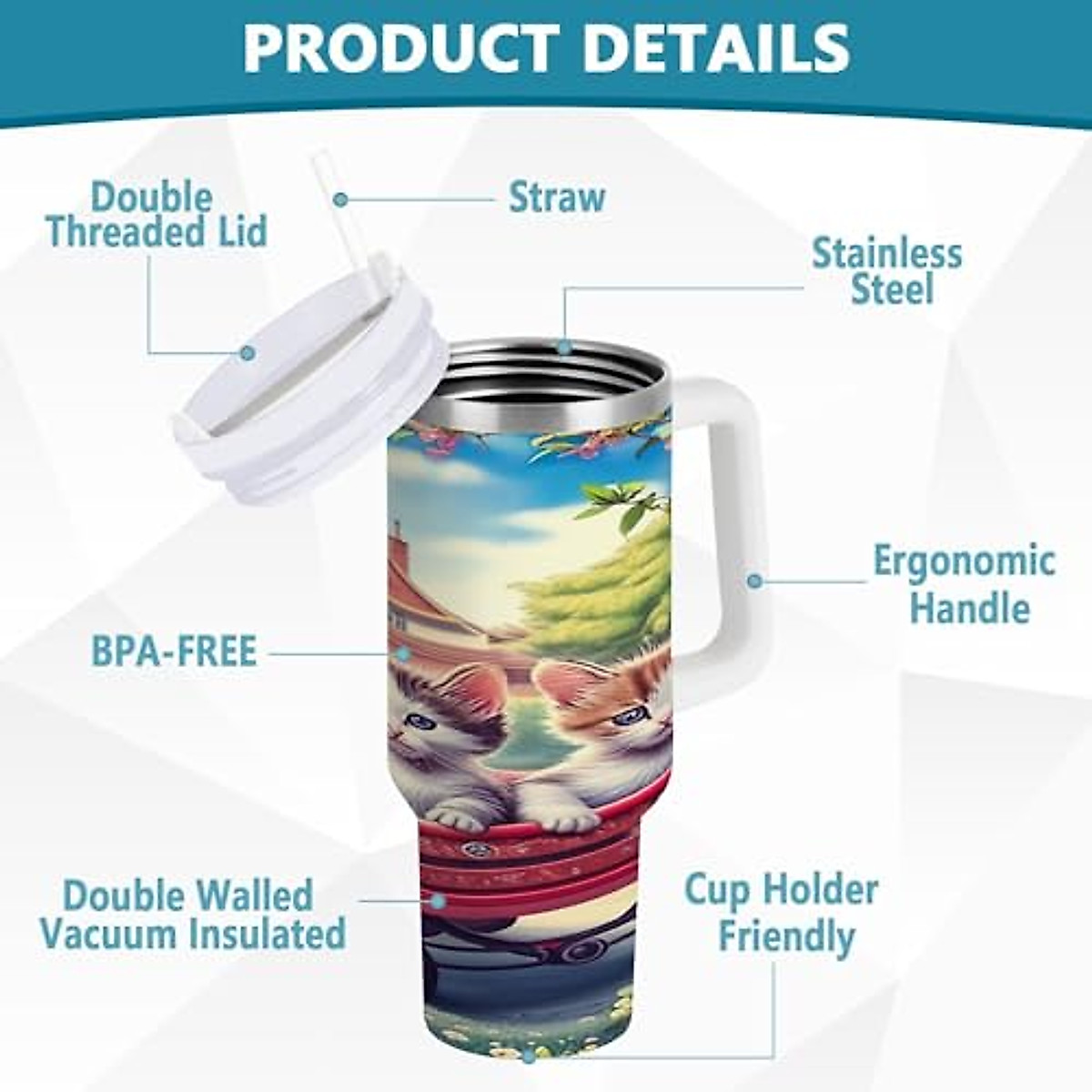 RPLIFE Kittens Wagon 40 Oz Tumbler, Stainless Steel Tumbler with Straw, Tumblers for Women