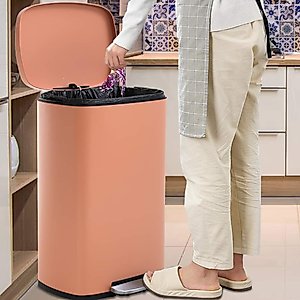 Dkeli Kitchen Trash Can with Soft Slow Lid Pedal Step Trash Can with Removable Plastic Inner Bucket Stainless Steel Garbage Can for Bathroom Kitchen and Office Trash Bin 13 Gallon / 50 Liter, Pink