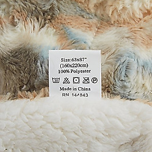 Tache 90x90 Oversized Soft Warm Tan Brown Blue Russian Lynx Faux Fur White Sherpa Bed Blanket, Full, Queen Size