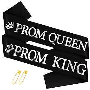 SKJIAYEE 2 Pack Prom King and Prom Queen Sashes, Black Prom Sash with Silver Foil Letter Decorations for Graduation Party School Party Bachelorette Party Wedding Bridal Shower Party Supplies