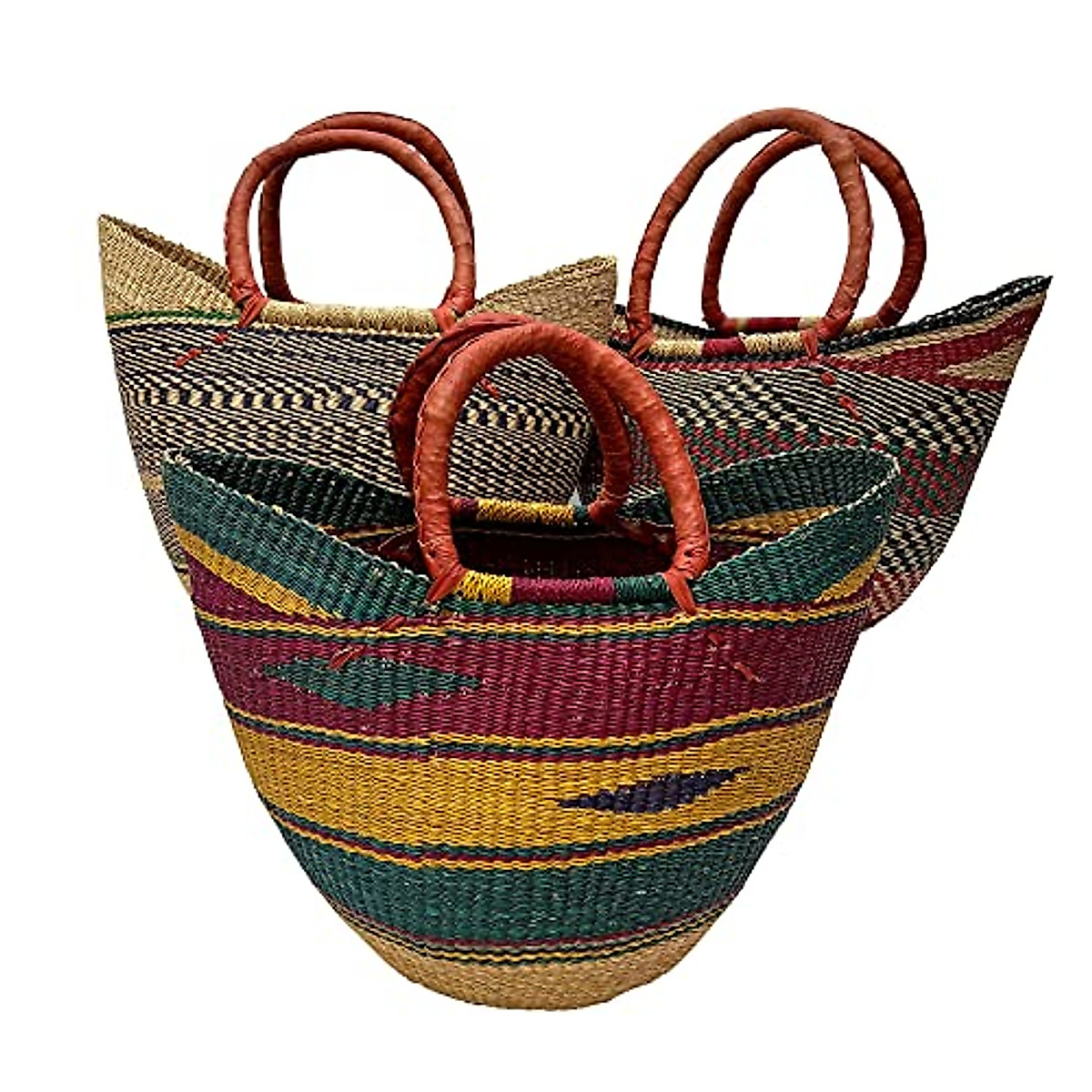 Deluxe Colorful African Shopping Basket - Large 18" U-shape - by market women in Bolgatanga, Ghana with Africa Heartwood Project - GBLSC (Flat-packed)