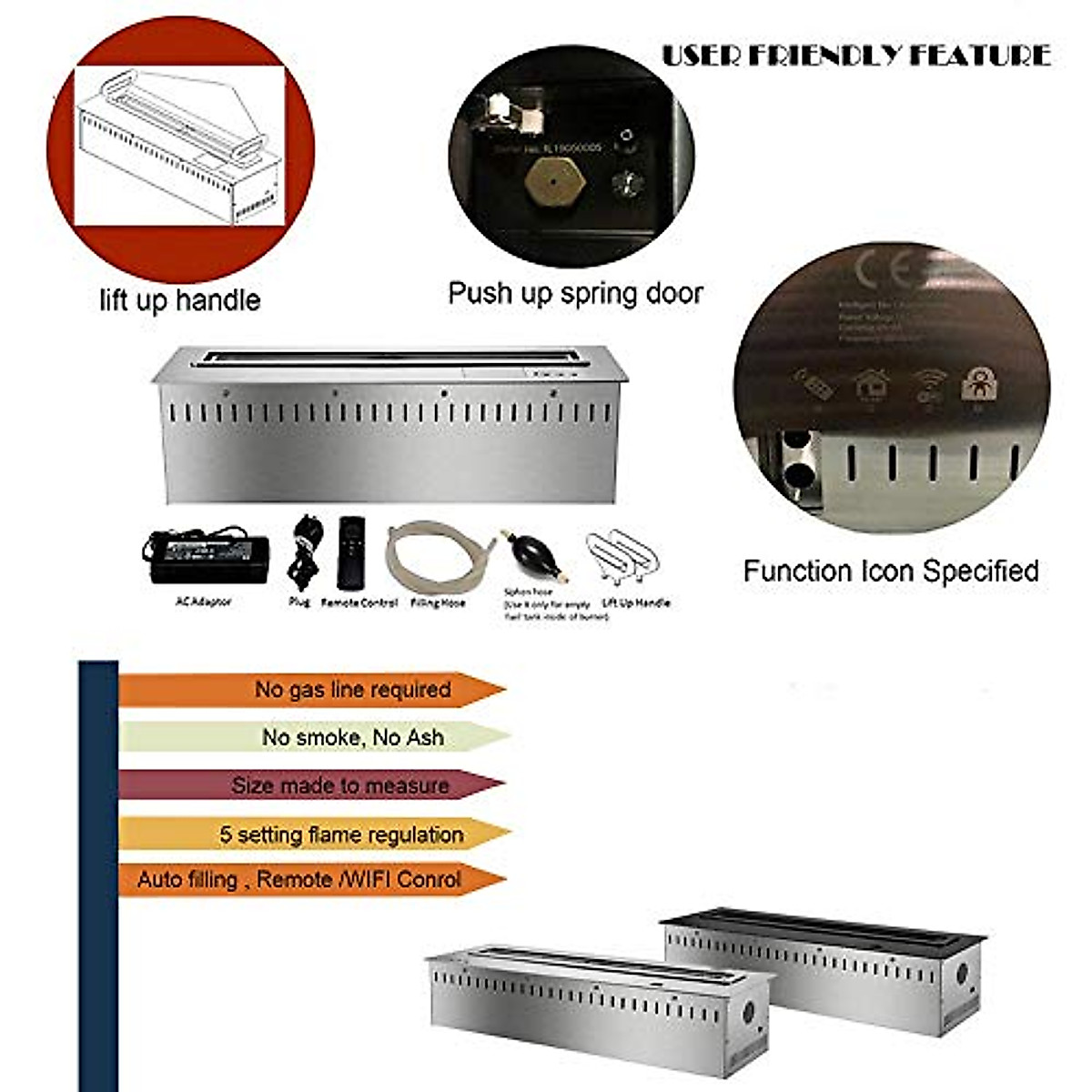 Remote Control Fireplace 180 cm 72'' Black WiFi Google Alexa 20L Bio Ethanol Burner Insert