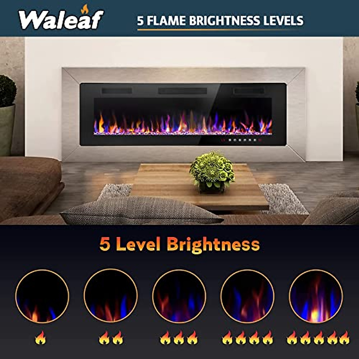 Waleaf 50 inch Ultra-Thin Electric Fireplace Wall Mounted and Recessed,Fireplace Heater with Multicolor Flame fit for 2 x 4 and 2 x 6 Stud, Remote Control Touch Screen,Timer,Low Noise,750/1500W
