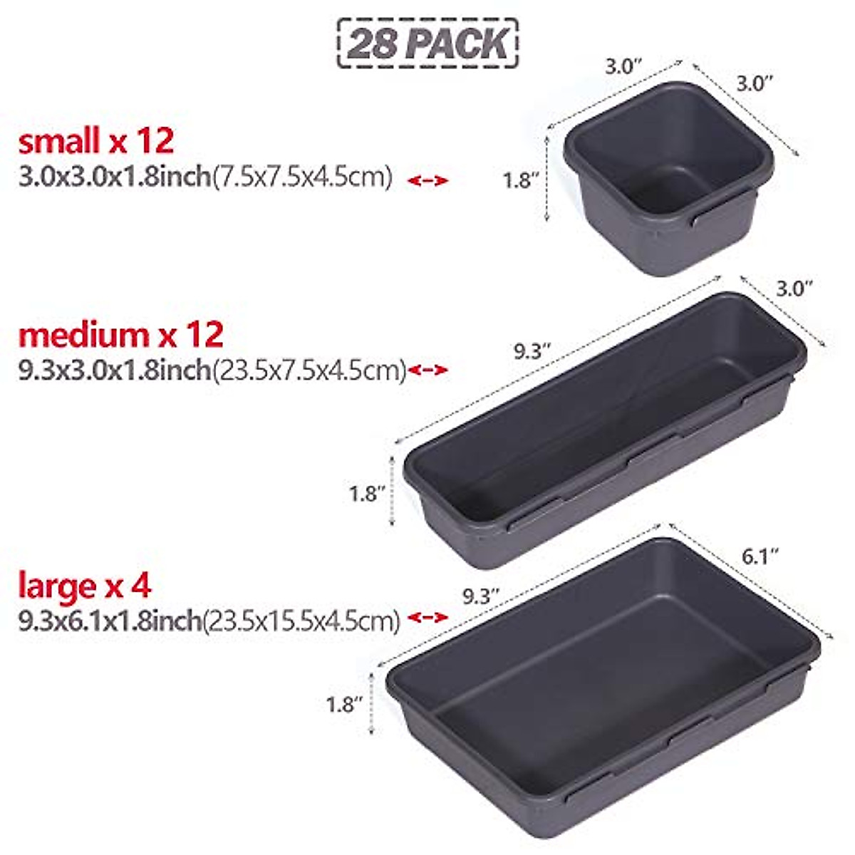 Set of 28 Interlocking Desk Drawer Organizer Tray Dividers Plastic Shallow Narrow Drawers Organizers Separators Storage Bins Container for Kitchen Bathroom Makeup Office Vanity Bedroom Dresser