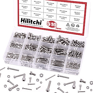 Hilitchi 510-Piece M2 M3 M4 Stainless Steel Hex Socket Head Cap Screws Nuts Assortment Kit with Box - 304 Stainless Steel