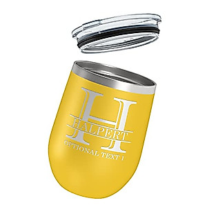 Personalized 12oz (17 Colors) Powder Coated Stainless Steel Stemless Wine Tumbler with Lid, Custom Etched, Customized Gift for Women Her, Wine Lover, Halpert Monogram Initial Name (Yellow)