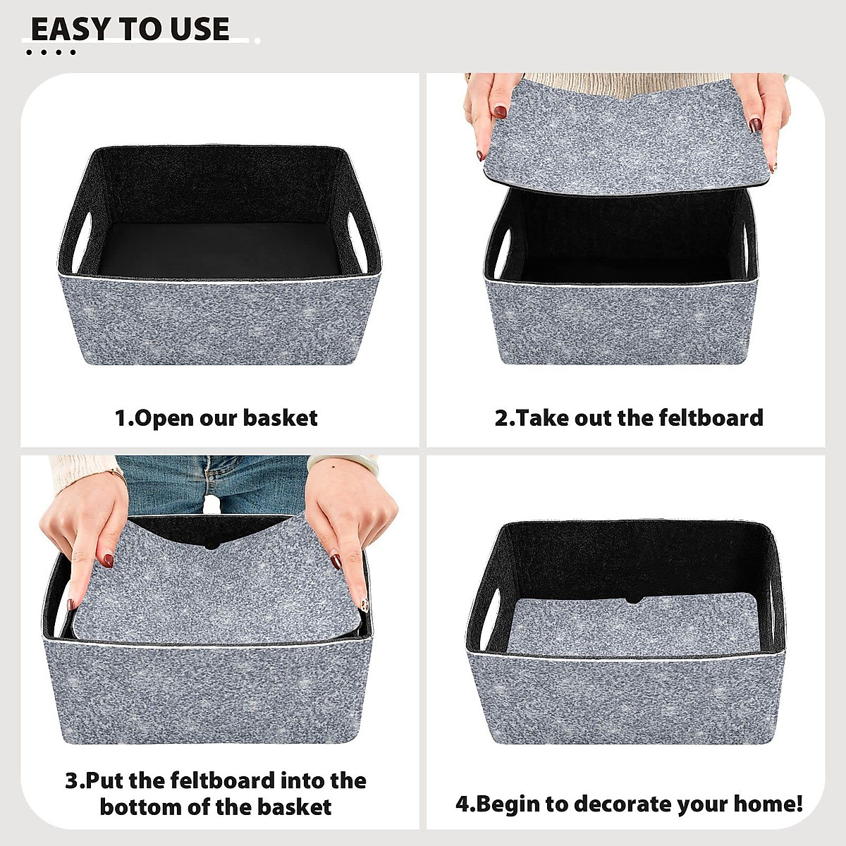 Emelivor Silver Glitter Storage Basket Bins Set (2pcs) Felt Collapsible Storage Bins with Dual Handles Foldable Storage Baskets Boxes for Office Bedroom Closet Babies Nursery