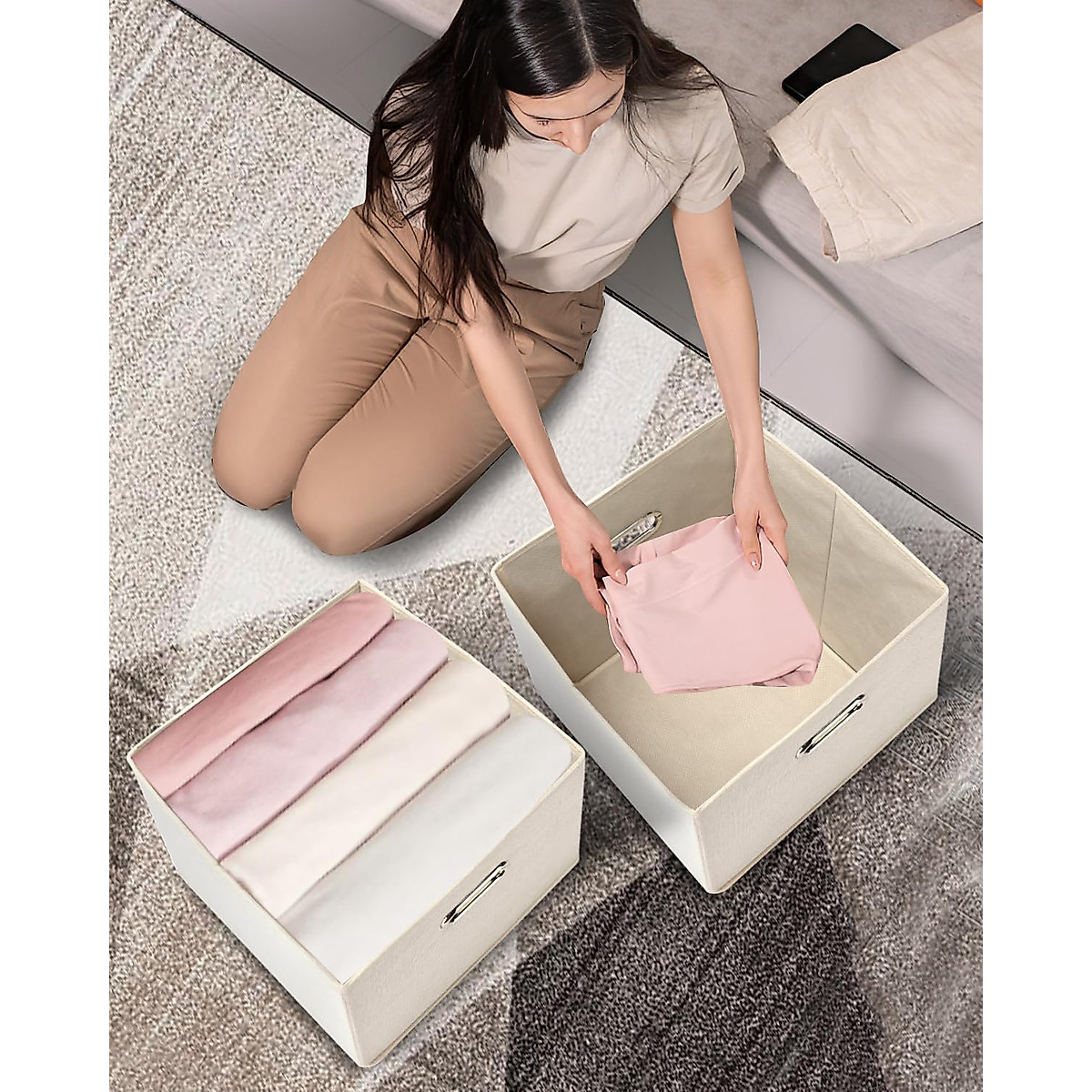 NEATJELAI Storage Cubes 13 Inches Cube Storage Organizer Bins Linen Fabric Storage Container with Metal Hallow Handles,Foldable Design for Shelves Closet Organizers and Storage, 4 Pack, Beige