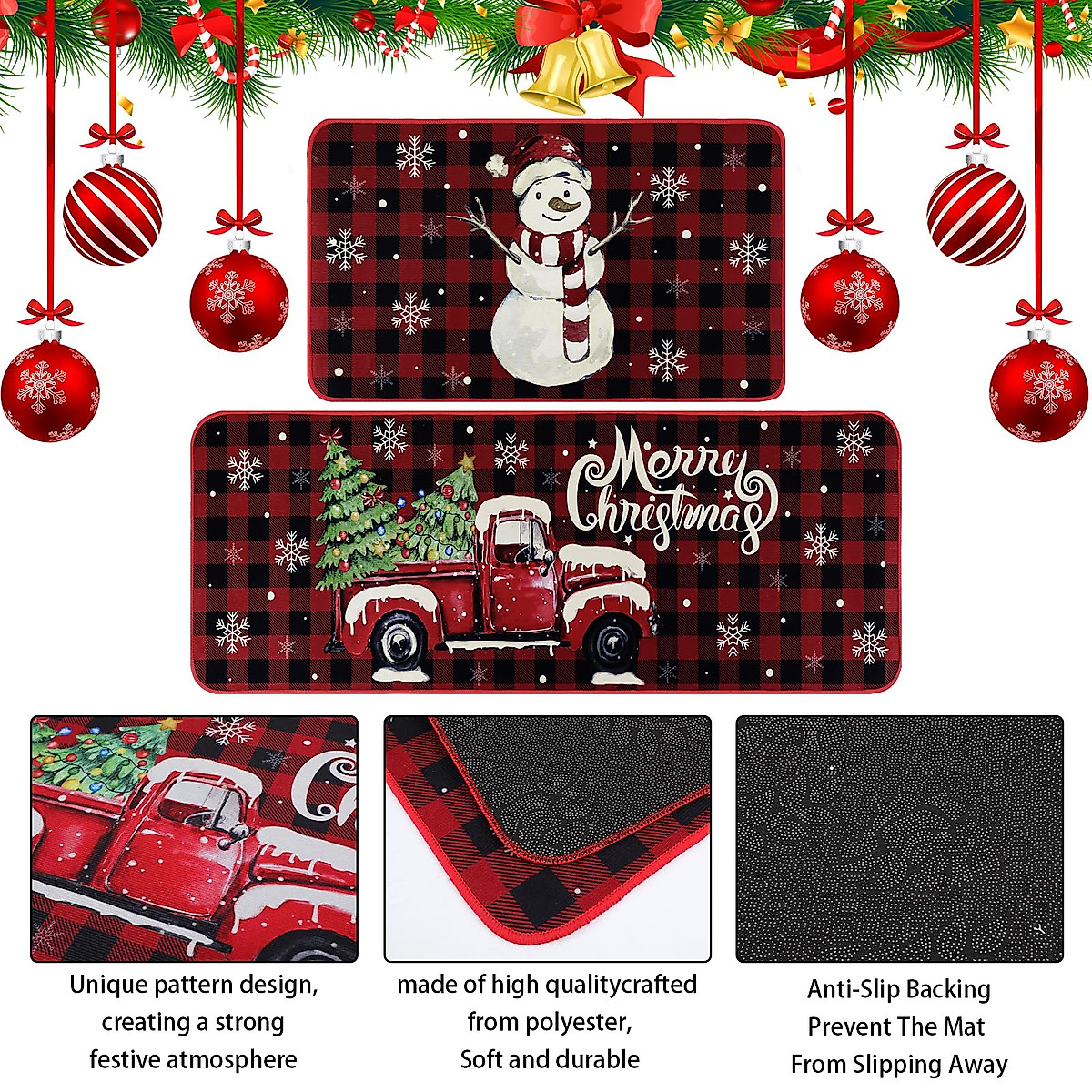Drydiet 2 Set Buffalo Plaid Christmas Kitchen Rugs Snowman Snowflake Red Truck Kitchen Rug Xmas Non Slip Christmas Kitchen Mat for Winter Home Kitchen Christmas Decor, 17 x 29 Inch and 17 x 49 Inch
