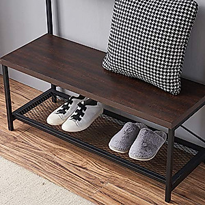 Entryway Coat Rack Bench, Modern Hall Tree with Storage Bench, Wood and Metal Hallway Bench with Coat Rack, 39x70 Inch Espresso