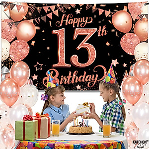 KatchOn Rose Gold Happy 13th Birthday Banner - XtraLarge, 72x44 Inch | Rose Gold and Black Happy 13th Birthday Decorations for Girls | Official Teenager Banner, 13 Year Old Birthday Supplies