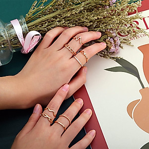 Honsny 8PCS 14K Gold Plated Stacking Rings for Women Gold Silver Stackable Knuckle Rings Twist Thumb Thin Dainty Gold Band Rings Wave Finger Eternity Silver Ring Set for Teen Girls Size 5 to 11