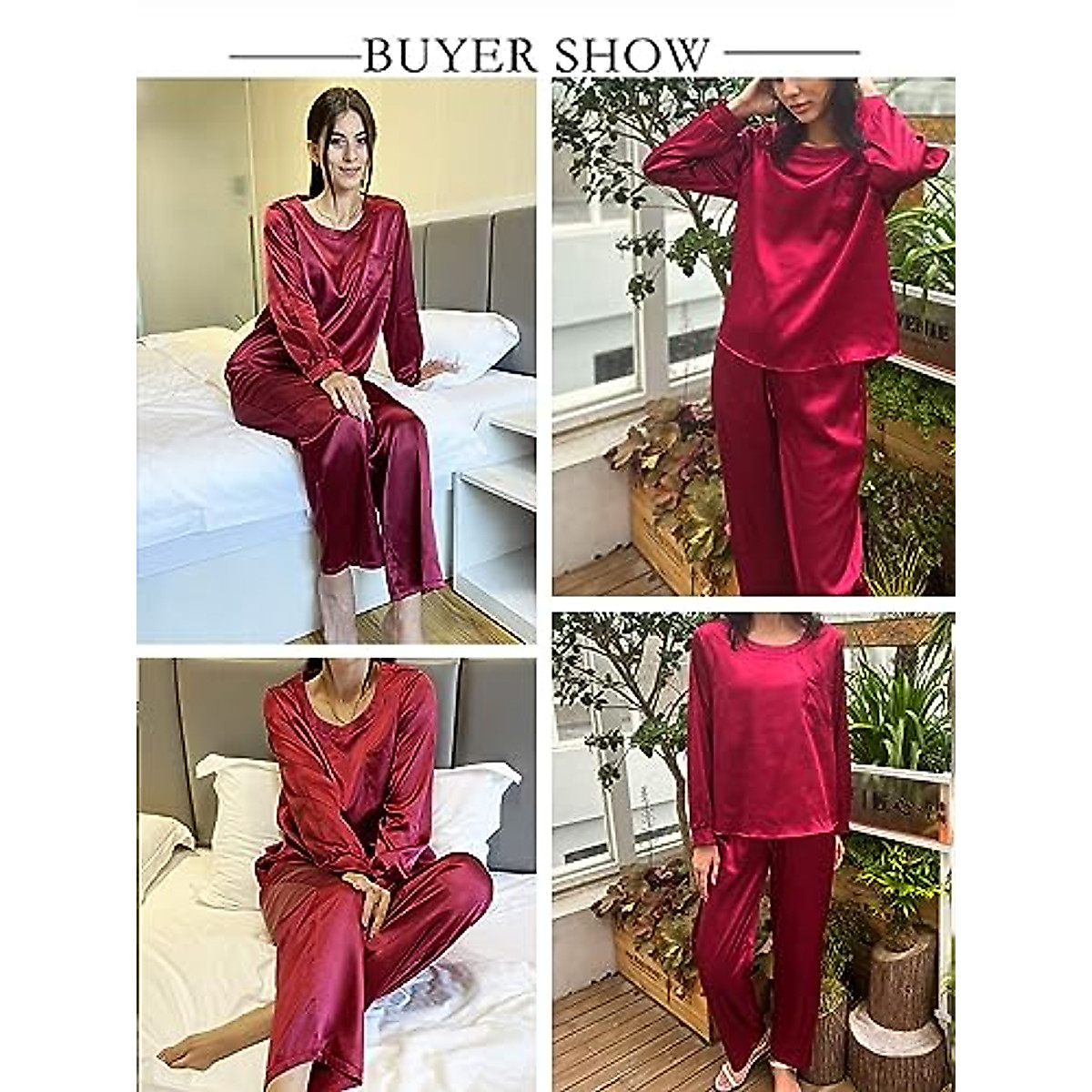 Ekouaer Womens Silk Satin Pajamas Loungewear Two Piece Sleep Set Silk Pjs for Women Winter Long Sleeve Sleepwear Pajamas Set Red S