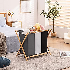YOUDENOVA 143L Large Laundry Hamper Basket 3 Section, Waterproof Laundry sorter with 3 Compartments, Triple Divided laundry Organizer for Bedroom, Bathroom Organization, Black and Grey