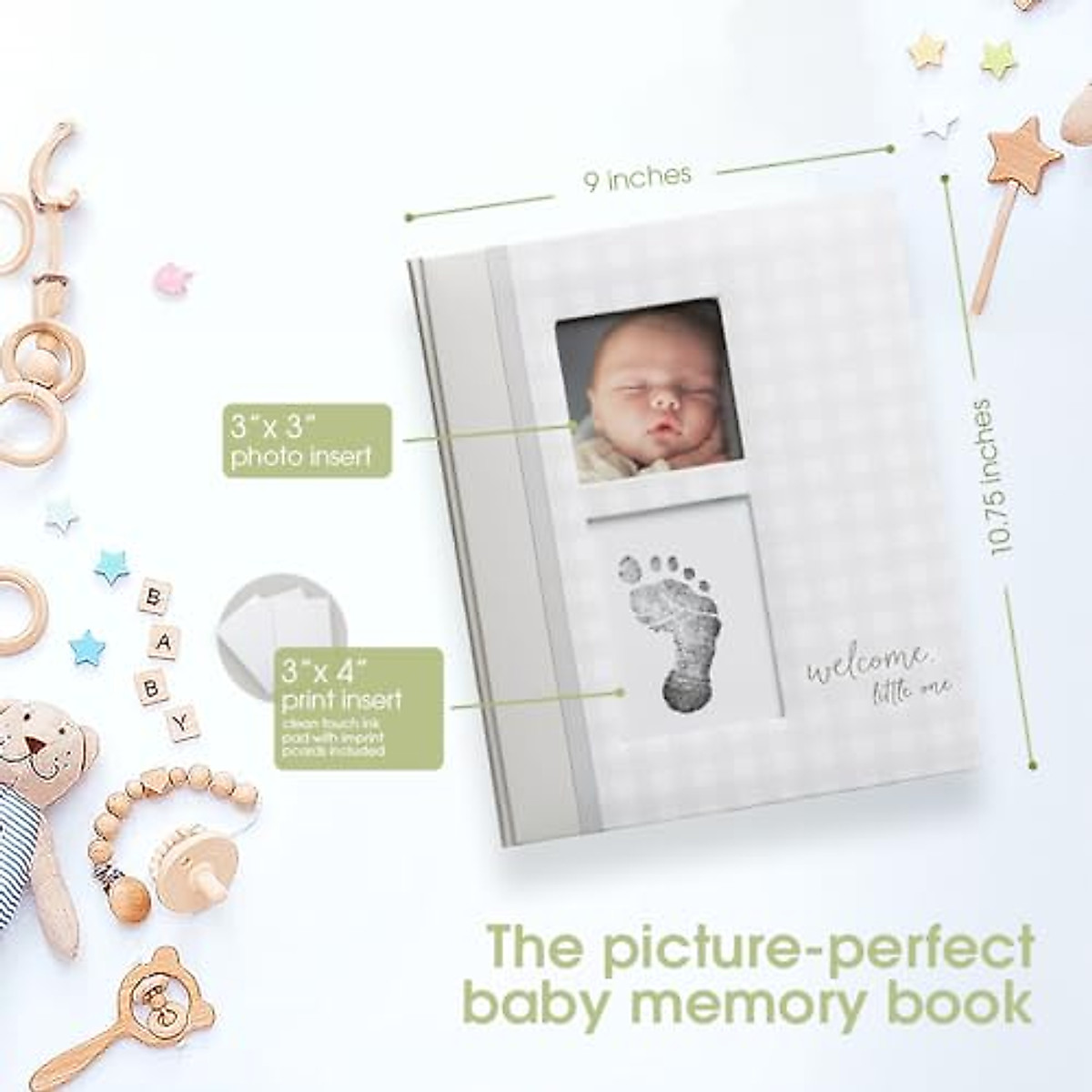 Pearhead Welcome Little One First 5 Years Memory Book, Gender-Neutral Baby Keepsake for New and Expectant Parents, Pregnancy And Milestone Journal, Gray Gingham