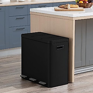 Home Zone Living 15.9 Gallon Kitchen Trash Can, Three Removable Liners for Recycling and Trash, Wide Stainless Steel Shape, Black (5.3 + 5.3 + 5.3 for 15.9 Gallon Total)
