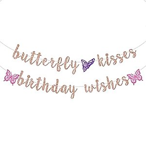 Butterfly Kisses Birthday Wishes Banner, Butterfly First Birthday Party Banner, Butterfly Birthday Party Decorations (Rose Gold)