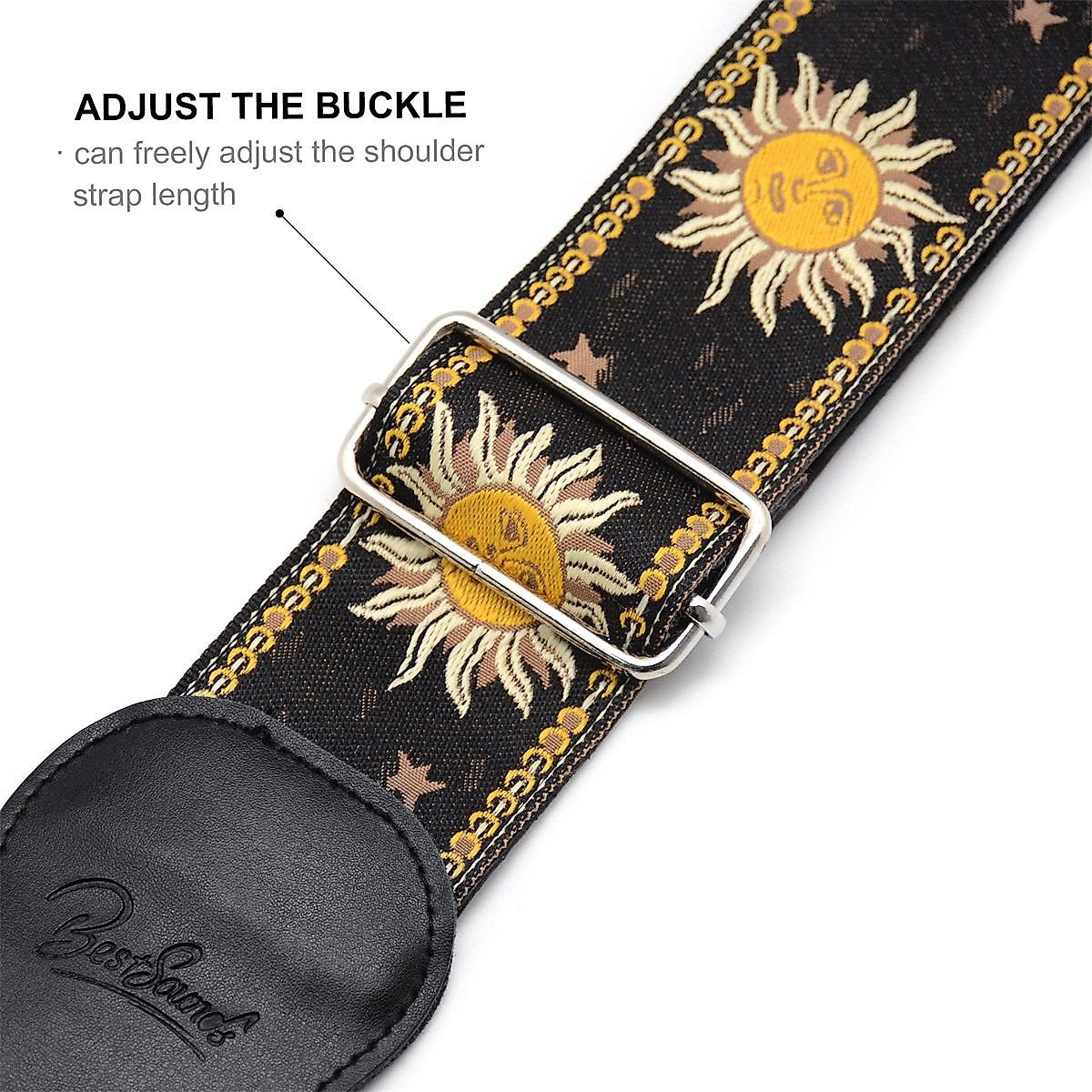 BestSounds C-150 Leather Adjustable Guitar Strap, Sun Jacquard Weave For Bass Electric and Acoustic Guitars, Black