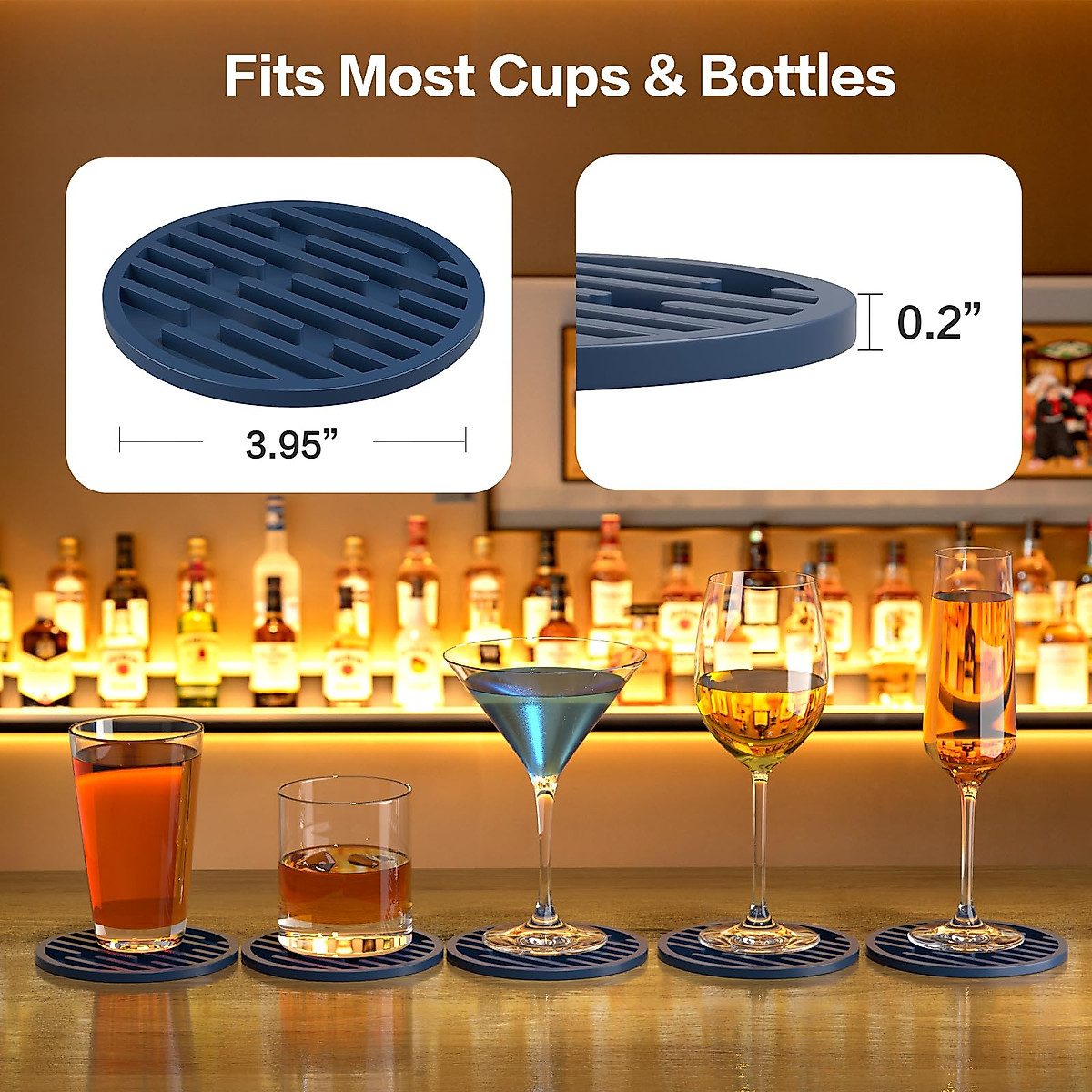 Silicone Coasters for Drinks, AUPTIM Drink Coasters Set of 6, Cup Coasters for Coffee Table, Cup Mat Drink Coasters for Tabletop Protection, Cool Home Decor, 4" Blue Coasters for Desk, Porta Vasos