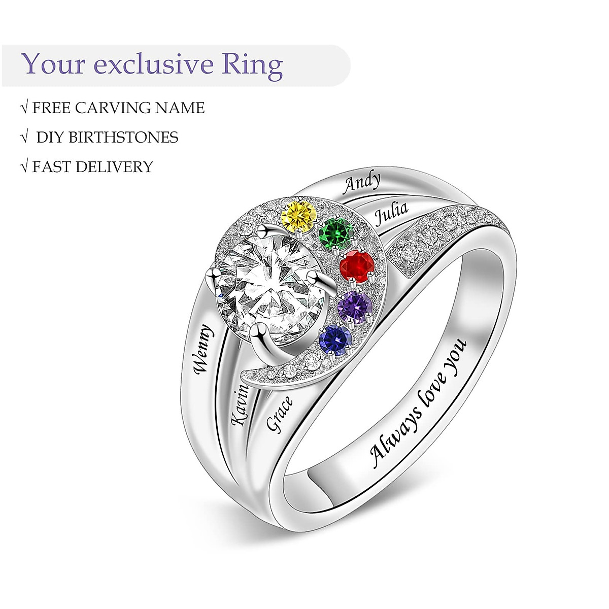 BAUMA AUTO Sterling Silver Personalized Mothers Ring with 1-8 Simulated Birthstones Engraving Family Name Ring for Mother Grandma