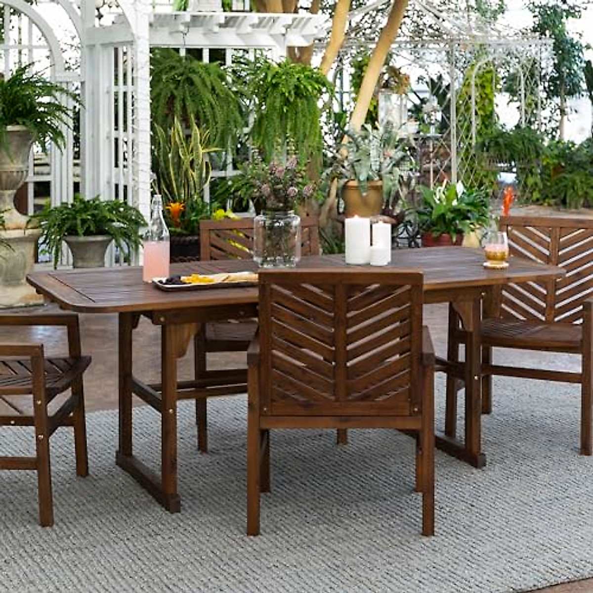 Walker Edison 4-6 Person Outdoor Wood Chevron Back Patio Furniture Dining Set Extendable Table Chairs All Weather Backyard Conversation Garden Poolside Balcony, 5 Piece, Dark Brown