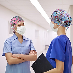 SATINIOR 6 Pieces Adjustable Turban Caps with Button and Sweatband Bouffant Printed Covering Hat for Women Men