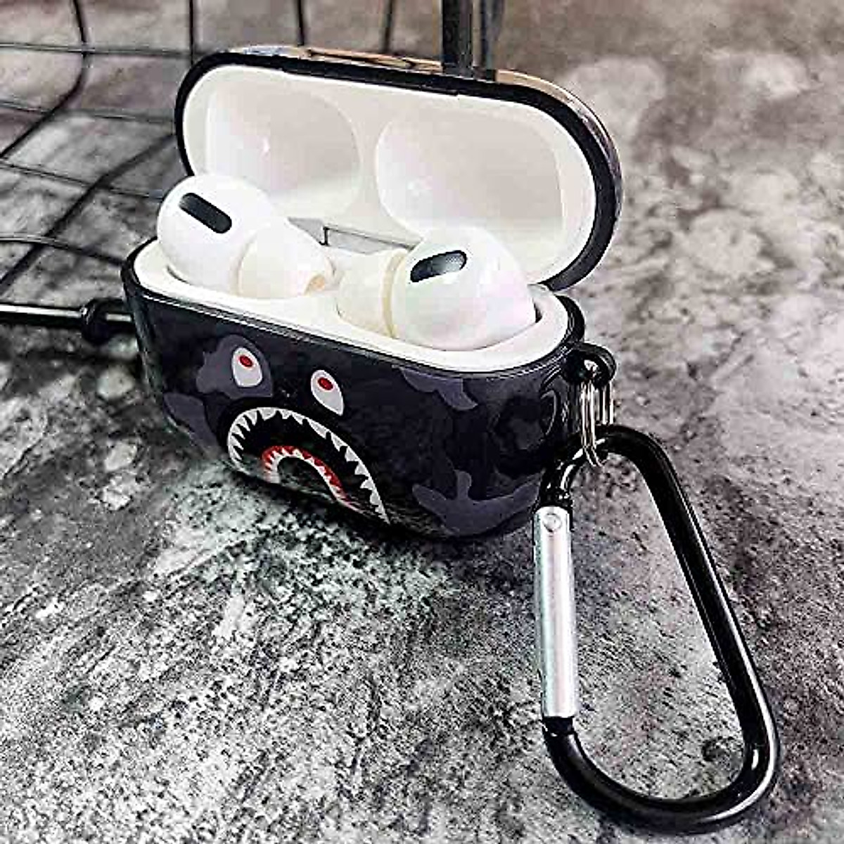 Shark Teeth Softshell Silicone Camouflage Airpods Case, IMD Case Shockproof Case Skin with Key Ring, Suitable for Apple Airpods Pro (Black)