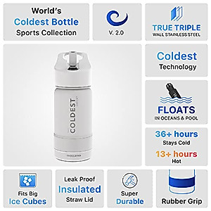 Coldest Sports Water Bottle - Straw Lid Bottle with Handle Leak Proof, Vacuum Insulated Stainless Steel, Double Walled, Thermo Mug, Metal | Epic White 18 oz