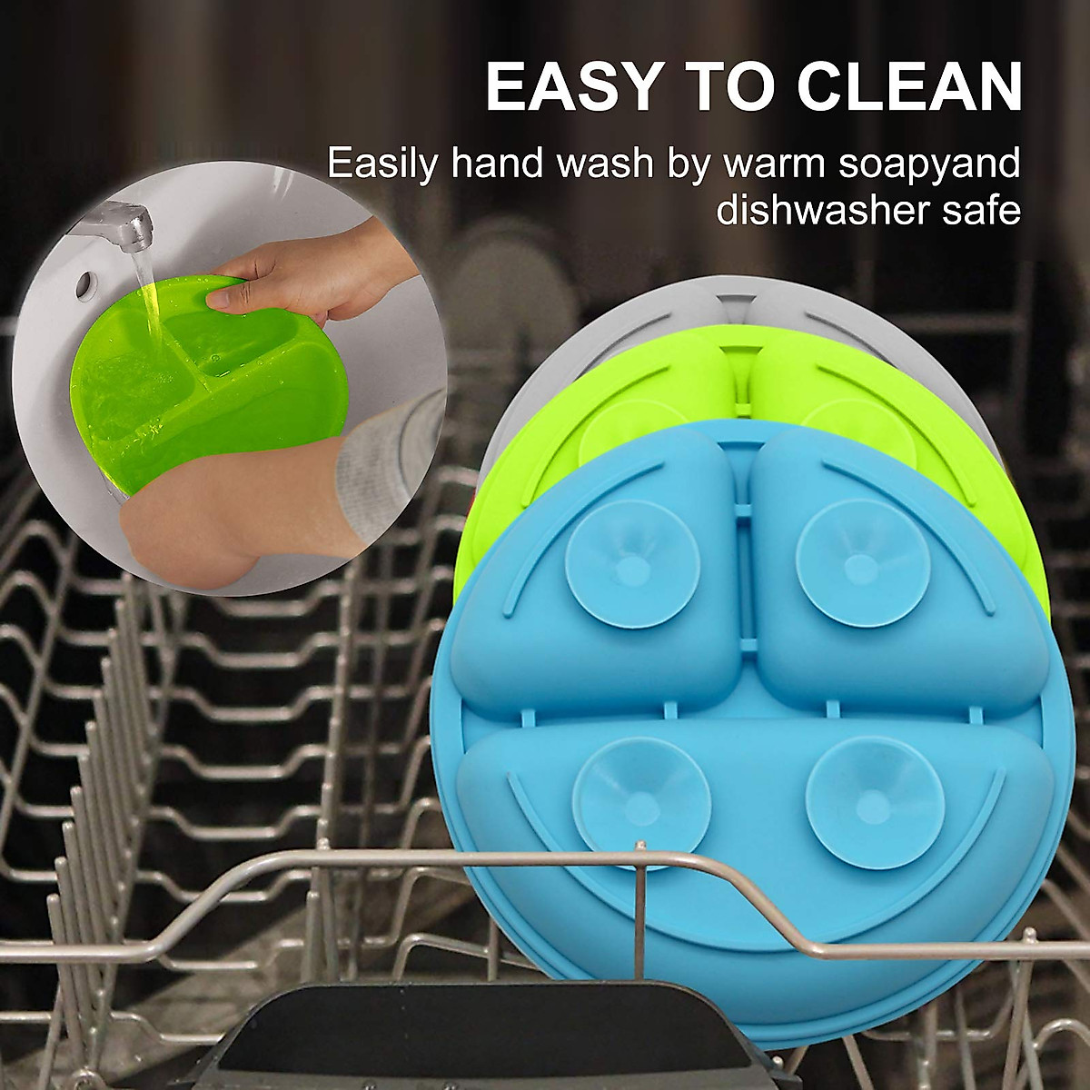 Baby Plates Toddler Plates with Suction,Silicone Suction Plates for Babies and Toddlers,Baby Divided Plates with Spoon Fork,Kids Plates BPA Free,Dishwasher and Microwave Safe (Green Blue Grey)