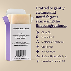 Southern Natural Goat Milk Soap Bar (Lavender 3 Pack) For Dry Sensitive Skin. Natural, Handmade Soap For Men, Women, Kids & Baby. Use On Face & Body