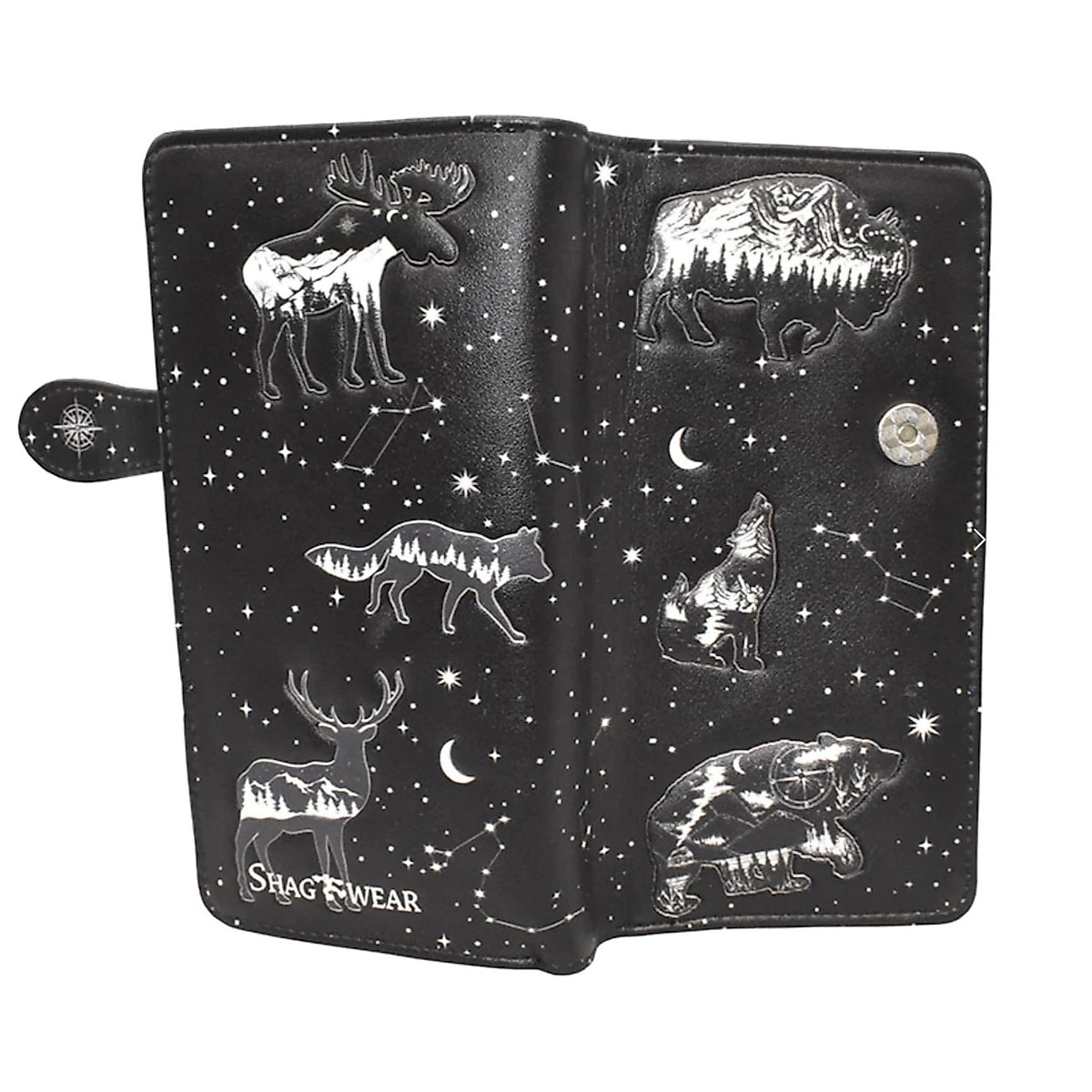 Shag Wear Black Animal Constellations Large Wallet for Women and Teen Girls Vegan Faux Leather Black 7"