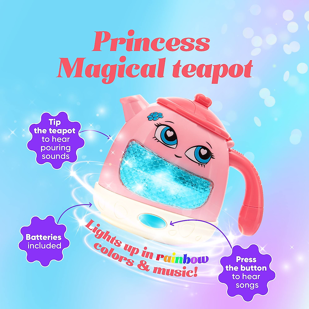 Jimbalaya Tea Party Set for Little Girls, Musical Mozartz Rainbow Colours Teapot with Songs & Sounds Pretend Play Toy Toddler Tea Set for Kids ,Toy Tea Set w/ Cupcake and Ice Cream