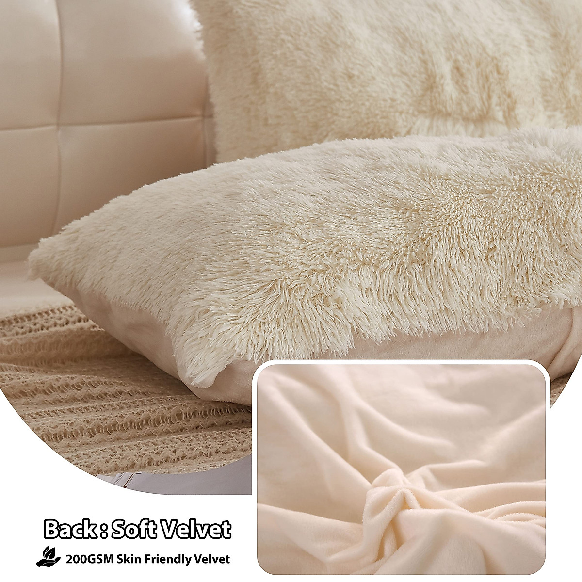 LIFEREVO 2 Pack Cream Faux Fur Pillow Shams,Shaggy Plush Home Decorative Luxury Series Super Soft Furry Pillow Case with Zipper Closure for Home Sofa Couch,Standard (Light Beige,20"x26")