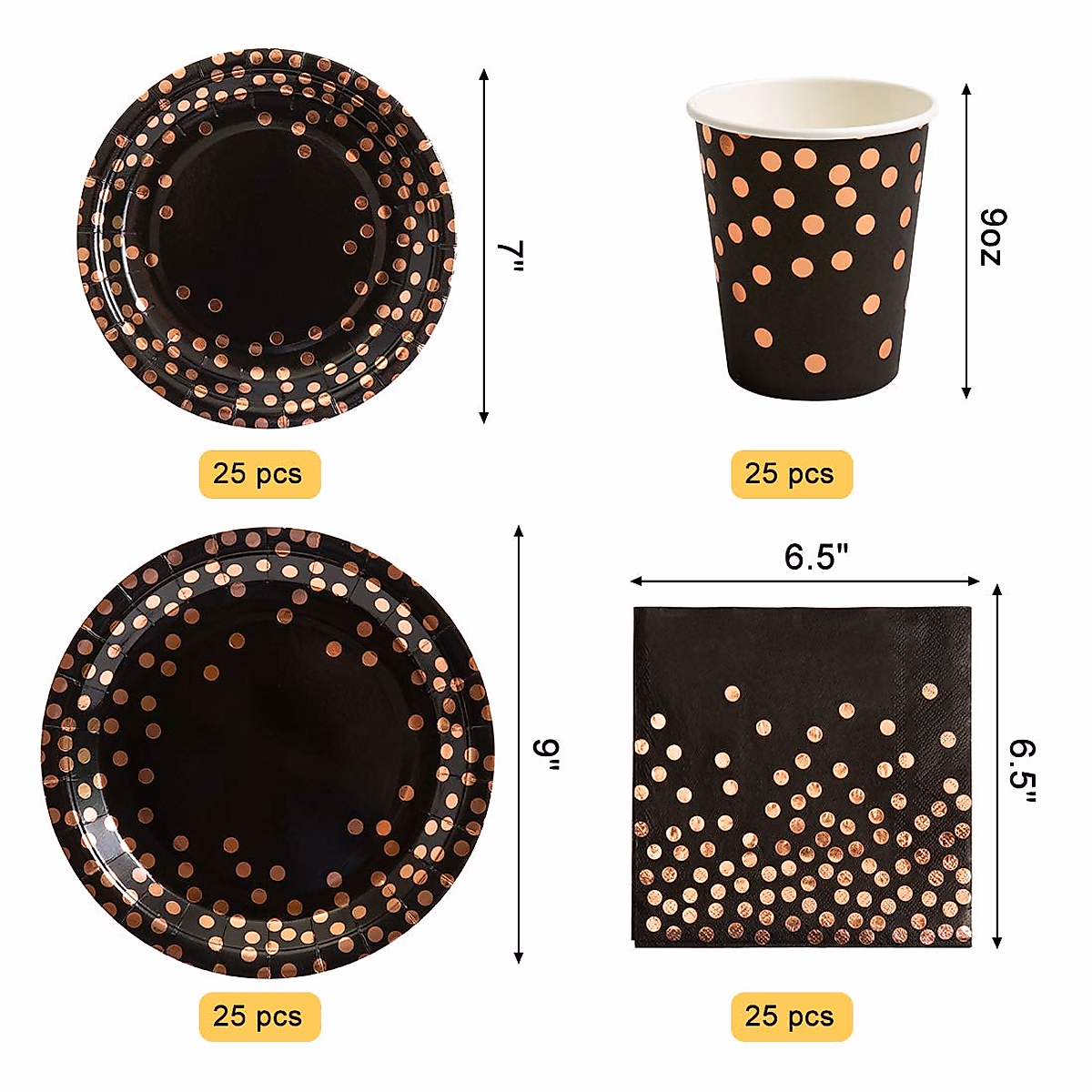 HOMIX Black and Rose Gold Party Supplies - Rose Gold Dot on Black Paper Plates Napkins Straws and Cups Silverwares Serves 25 for Wedding Bridal Shower Birthday Bachelorette Party Decorations