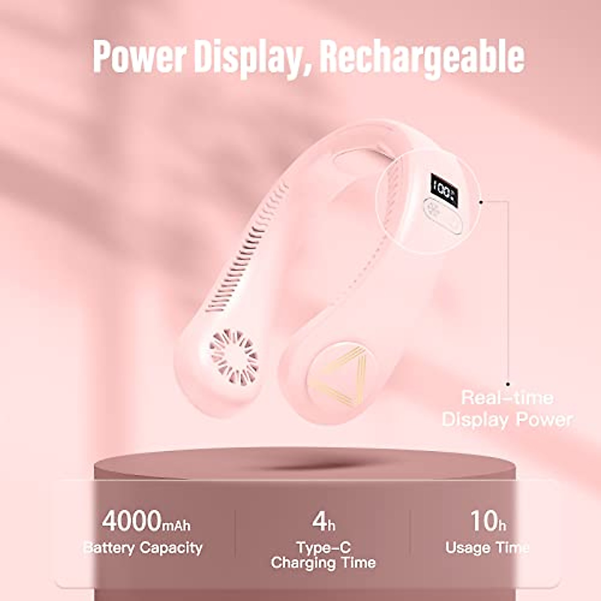 Dyteue Neck Fan Portable Air Conditioner Cooling Neck Fans Personal Bladeless Fan 4000 mAh Rechargeable Leafless USB Fan, 360° 1s Cooling&3 Speeds Blowing, Lightweight Wearable Fan (Pink)