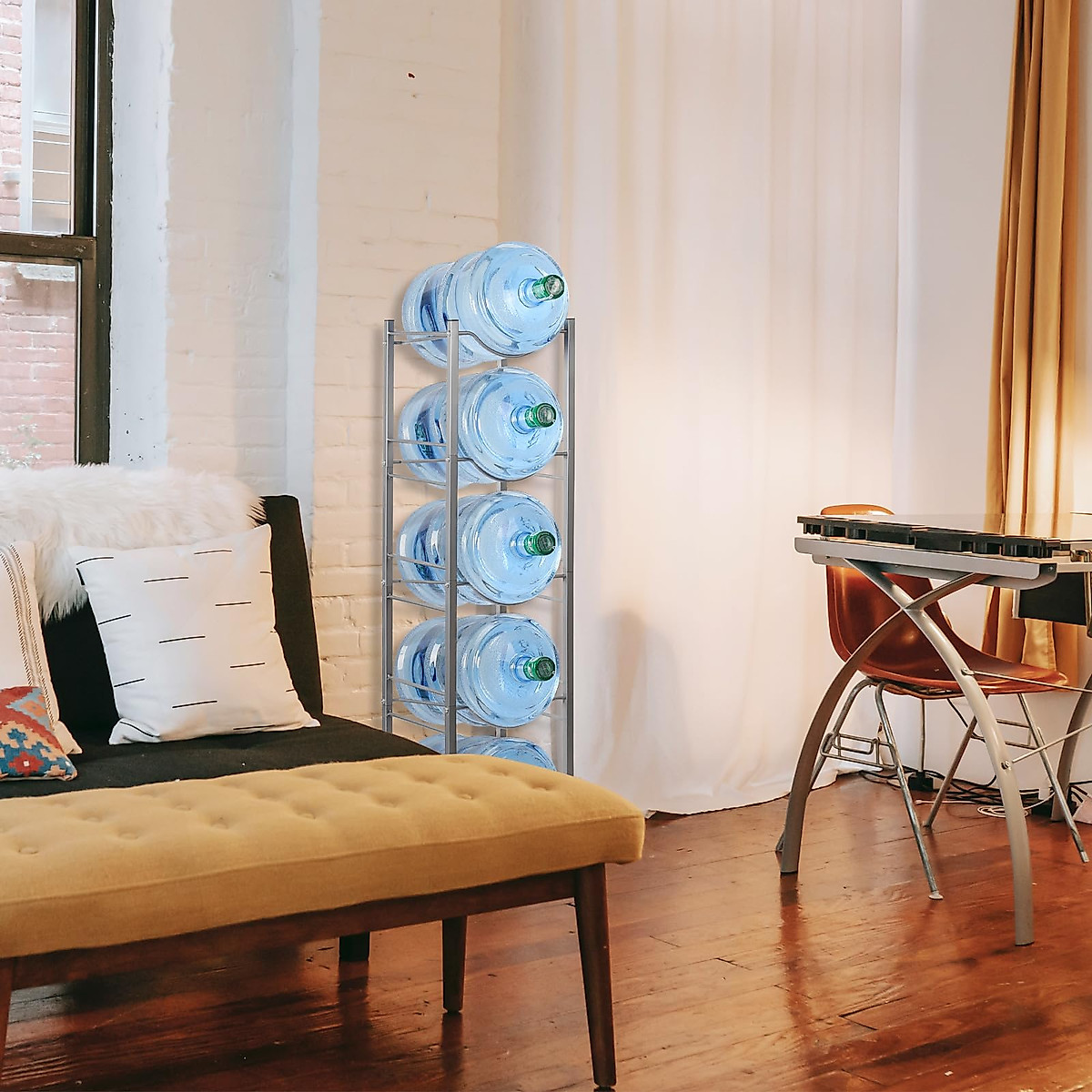 HEOMU 5 Gallon Water Jug Rack, 5-Tier Water Bottle Holder Storage Rack, Water Jug Organizer for Kitchen, Office, Garage, Silver